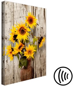 Obraz Slunečnice - slunečné květiny na pozadí starého dřeva ve váze