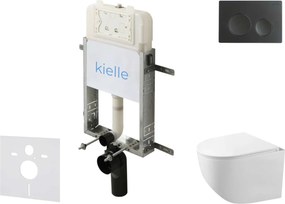 kielle Genesis New - Set předstěnové instalace, kompaktního klozetu Gaia, Rimless, sedátka softclose a tlačítka Gemini New I, matná černá 30528SZ84