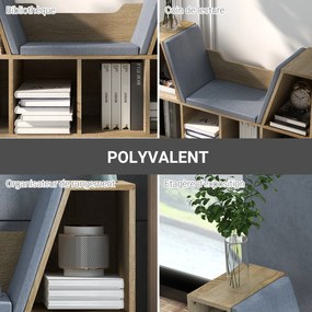 HOMCOM Moderní design 2-v-1 Knihovna s lavičkou s 6 přihrádkami a 3 polštáři Dub šedý 102D x 30Š x 61V cm