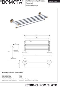 Bemeta Design RETRO gold-chrom: Držák ručníků, 605 mm, s hrazdou -