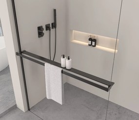 Erga Paris, sprchová zástěna Walk-In 60x200 cm s poličkou a ramínkem na ručníky, 8mm čiré sklo, černý profil, ERG-V02-PARIS-060x200-CL-BK-BAR