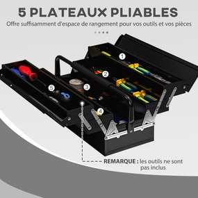 DURHAND kovový toolbox - Sada nářadí - 3 úrovně, 5 teleskopických přihrádek - Černý ocelový plech