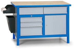 Dílenský pracovní stůl GD, 5 zásuvek, smrk + buková překližka, 5 zásuvek, 1 skříňka, 1190 x 600 x 850 mm, modrá / šedá