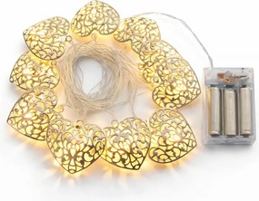 LED světýlka na baterie, 2,5 m, kovová srdce, vintage, teple bílá, 10 diod, čirý kabel, IP20, 2× AA