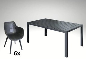 Hliníkový nábytek: stůl Jerry 160cm tm.šedý a 6 designových křesel Jasper