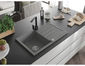 Mexen Bruno, dřez granitový 795x495x200 mm, 1-komorový, šedá s chromovým sifonem a černá dřezová baterie Rita, 6513-71-670300-70