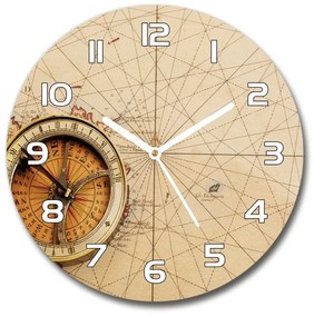 Wallmuralia Skleněné hodiny na stěnu Kompas na mapě fi 30 cm