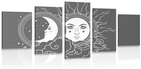 5-dílný obraz černobílá harmonie slunce a měsíce