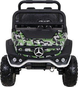 Ramiz Mercedes Benz Unimog elektrické autíčko pro děti maskáčové + pohon 4x4 + dálkové ovládání + nosič zavazadel + pomalý start + rádio MP3 + LED