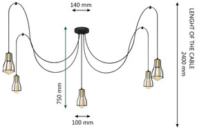 Lustr na lanku TUBE LONG 5xE27/15W/230V černá/zlatá