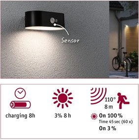 P 94571 Solární LED venkovní nástěnné svítidlo Adya pohybové čidlo IP44 3000K černá - PAULMANN