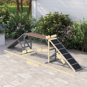 Agility lávka pro psy s bezpečnostní tyčí protiskluzový povrch odolný proti povětrnostním vlivům agility vybavení do 40 kg 335x55x60 cm šedá