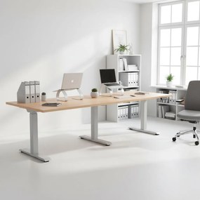 Výškově nastavitelný stůl OfficeTech Long, 240 x 80 cm, šedá podnož, buk
