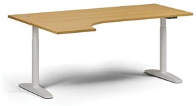 Výškově nastavitelný stůl OBOL, elektrický, 675-1325 mm, rohový levý, deska 1800x1200 mm, bílá zaoblená podnož, buk