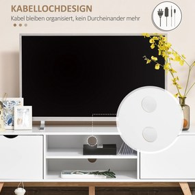 HOMCOM Moderní TV Stolek pro Televize do 65 palců s 2 Dveřmi, 2 Otevřenými Policemi a Dřevěnými Nohami 150x39x50 cm Bílý