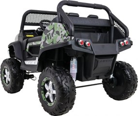 Ramiz Mercedes Benz Unimog elektrické autíčko pro děti maskáčové + pohon 4x4 + dálkové ovládání + nosič zavazadel + pomalý start + rádio MP3 + LED