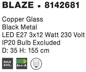 Nova Luce Závěsné svítidlo BLAZE měďené sklo a černý kov E27 3x12W