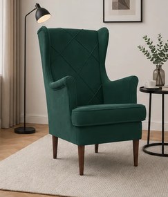 relaxační křeslo, ušák, odpočinkové, dřevo/kov/samet, 102x78x66 cm, nohy tmavé/tmavě zelená, Dekorino KR20260072
