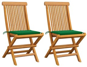 3062465 vidaXL Zahradní židle se zelenými poduškami 2 ks masivní teak