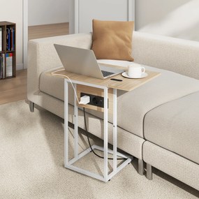 HOMCOM Skládací příruční stolek, nabíjecí stanice s USB porty, kov, 39 x 29 x 57 cm, barva dřeva