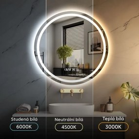 Kulaté LED zrcadlo 70 cm s odmlžováním a hodinami