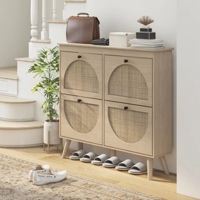 HOMCOM Botník se 4 skládacími zásuvkami pro 20 párů obuvi s nastavitelnou policí, bohémský styl, nohy z masivního dřeva, 105 x 24 x 97,5 cm Přírodní