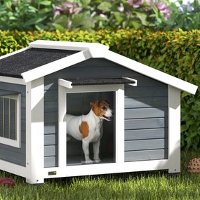 Dřevěná bouda pro psy odolná proti povětrnostním vlivům s odnímatelnou podlahou asfaltová střecha otevírací okno 98x76x69,5 cm šedá