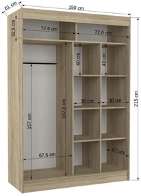 Šatní skříň s posuvnými dveřmi Karen - 150 cm Barva: dub Sonoma