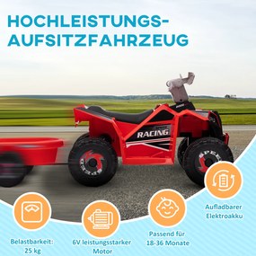 HOMCOM Prodám elektrickou čtyřkolku, s přívěsem, rychlost vpřed a vzad, oděruvzdorná kola, kovová, pro 1,5-3 roky, nosnost 25 kg, červená| Aosom
