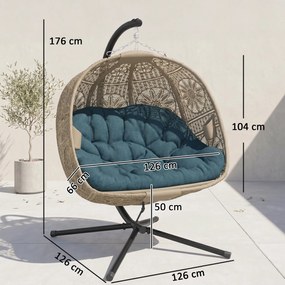 Závěsné křeslo Outsunny, závěsný koš pro 2 osoby s rámem, skládací závěsná houpačka a závěsné křeslo s polštářem, květinový úplet, ocel |
