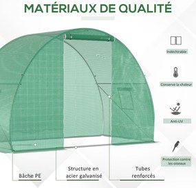Zimní skleník Outsunny s tunelovým designem, plocha 4,5 m², rozměry 3L x 1,5W x 2H m, vyztužený rám, zipové dveře, 2 okna pro ventilaci, zelený