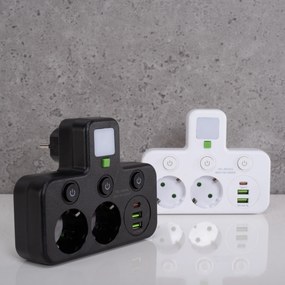 Toolight Toolight, JNH017, zásuvkový rozbočovač 2 zásuvky + 2× USB-A + USB-C s LED světlem, černá, OSW-56308