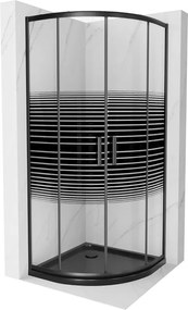 Mexen Rio, čtvrtkruhový sprchový kout s posuvnými dveřmi 80 (dveře) x 80 (dveře) x 190 cm, 5mm čiré sklo s pásky, černý profil + černá sprchová vanička SLIM, 863-080-080-70-20-4170B