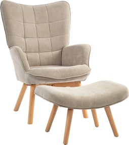 Křeslo HOMCOM s otomanem, vysoké křeslo s opěrkou, dřevěné nohy, lounge křeslo s prošívaným designem, vzhled sametu, pro obývací pokoj, světle hnědé |