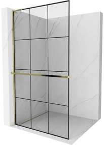 Mexen Kioto+ L, sprchová zástěna Walk-In s poličkou a věšákem 100 x 200 cm, 8mm čiré sklo černý vzor, ​​zlatý lesklý profil, 800-100-123-50-77
