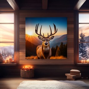 Obraz na plátně - Majestátní jelen na horské louce se západem slunce FeelHappy.cz Velikost obrazu: 120 x 120 cm