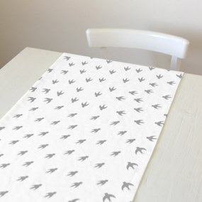 TULULUM Prostírání / běhoun lněný, s šedým autorským potiskem BIRDS,45 x 145 cm