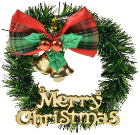 Malý vánoční věnec se zlatým nápisem Merry Christmas a zvonky – 8 cm