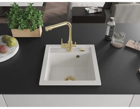 Mexen Vito, 1-komorový granitový dřez 520x490x210 mm, zlatá baterie Duero, bílá, 6503-20-671600-50