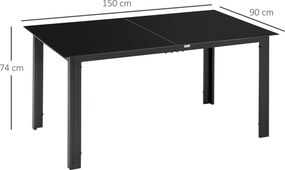 Zahradní stůl Outsunny pro 6 osob, jídelní stůl se skleněnou deskou, 150 x 90 x 74 cm, černý stůl na zahradu a balkon