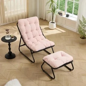 Aosom Venku lounge křeslo s podnožkou, polštářek, pásková tkanina, ocelový rám, růžová