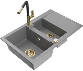 Mexen Gaspar granitový dřez 1,5-komorový s odkapávačem a kuchyňskou baterií Flora, šedý - 6507-71-670401-57-G