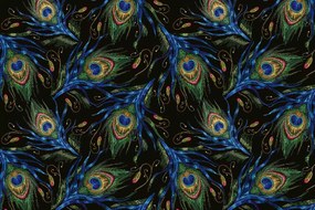 DIMEX | Samolepicí vliesová fototapeta na zeď Vyšívaná paví péra MA-5-2499 | 375 x 250 cm | zelená, modrá, zlatá, černá, růžová