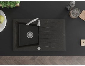 Mexen Cesar, granitový dřez 775x470x190 mm, 1-komorový, černá-zlatá metalíza s chromovým sifonem a chromová dřezová baterie Telma, 6514-75-670200-00