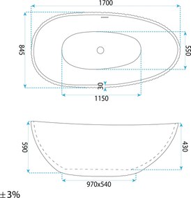 Volně stojící akrylátová vana REA CARMEN 170x84,5 cm bílý, sifon Click-Clack - kartáčovaná měď