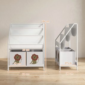 Dětská knihovna AIYAPLAY, 4 patra — šikmé látkové police a 2 látkové zásuvky, úložný prostor do ložnice nebo herny, 60 × 30 × 76 cm, bílá