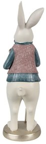 Figurka bílého králíčka v růžové vestičce, modré košilce a se zlatou hůlkou – 32 cm