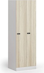 Kovová šatní skříňka S1, 2 oddíly, 1850 x 600 x 500 mm, mechanický kódový zámek, laminované dveře, dub přírodní