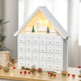 HOMCOM Adventní kalendář Vánoční dekorace, 24 zásuvek, LED světla, 39 cm x 9 cm x 42 cm, bílá + zelená 830-416