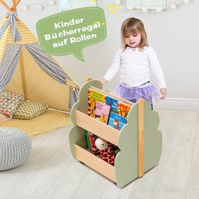 Costway Dětská dřevěná knihovna s univerzálními kolečky 2patrová police